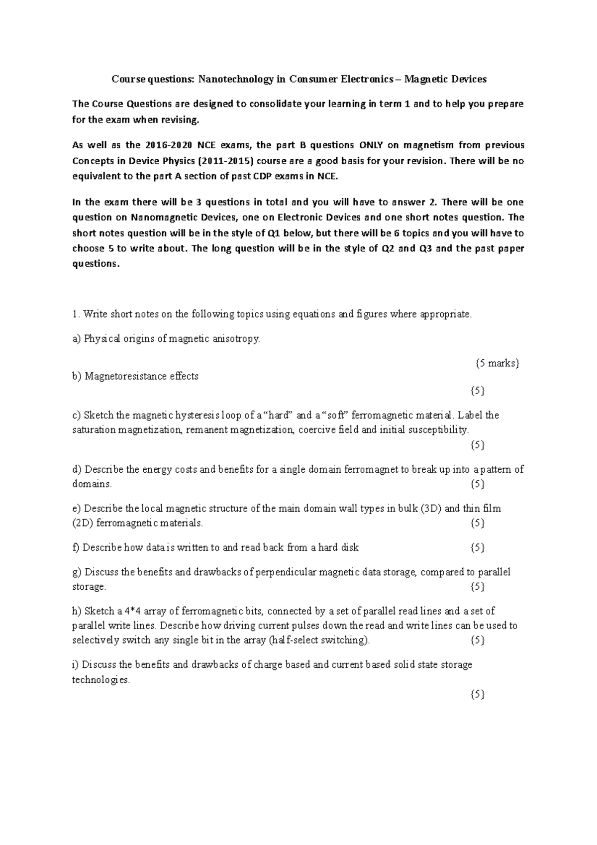 Course Questions NCE Nanomagnetic Devices(3) - Course questions ...