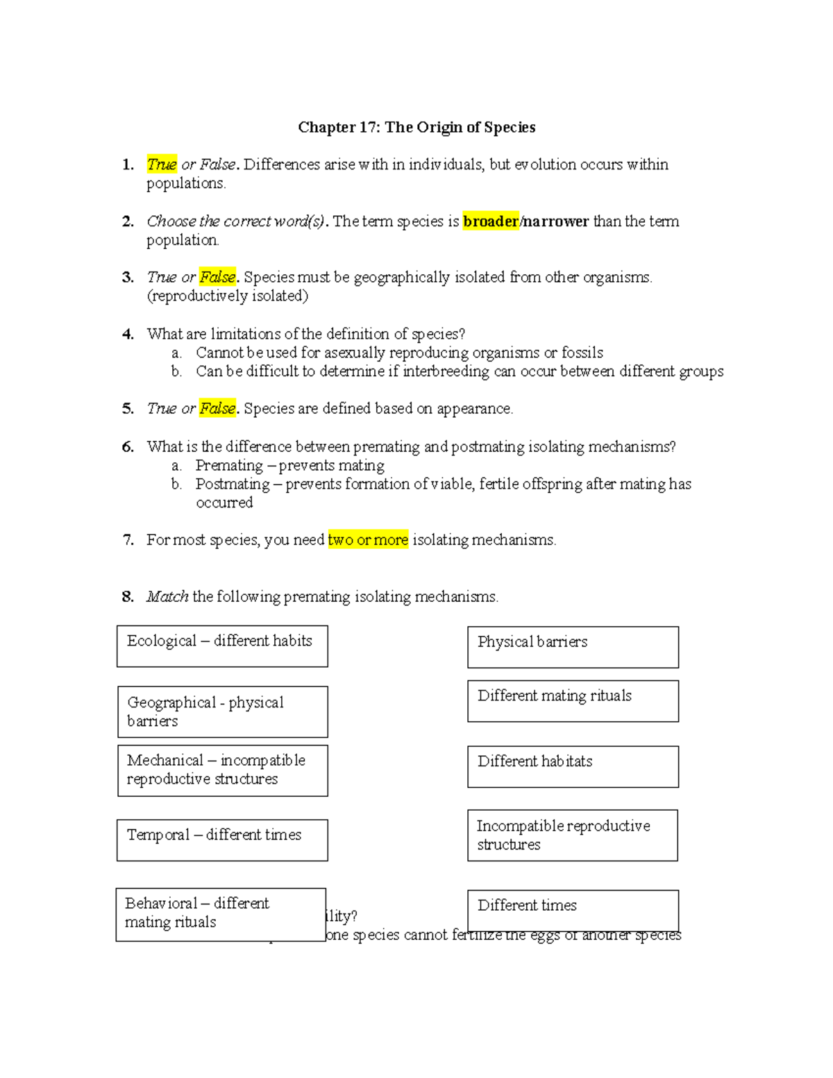 Review Session #2 - The Origin of Species - Chapter 17: The Origin of ...