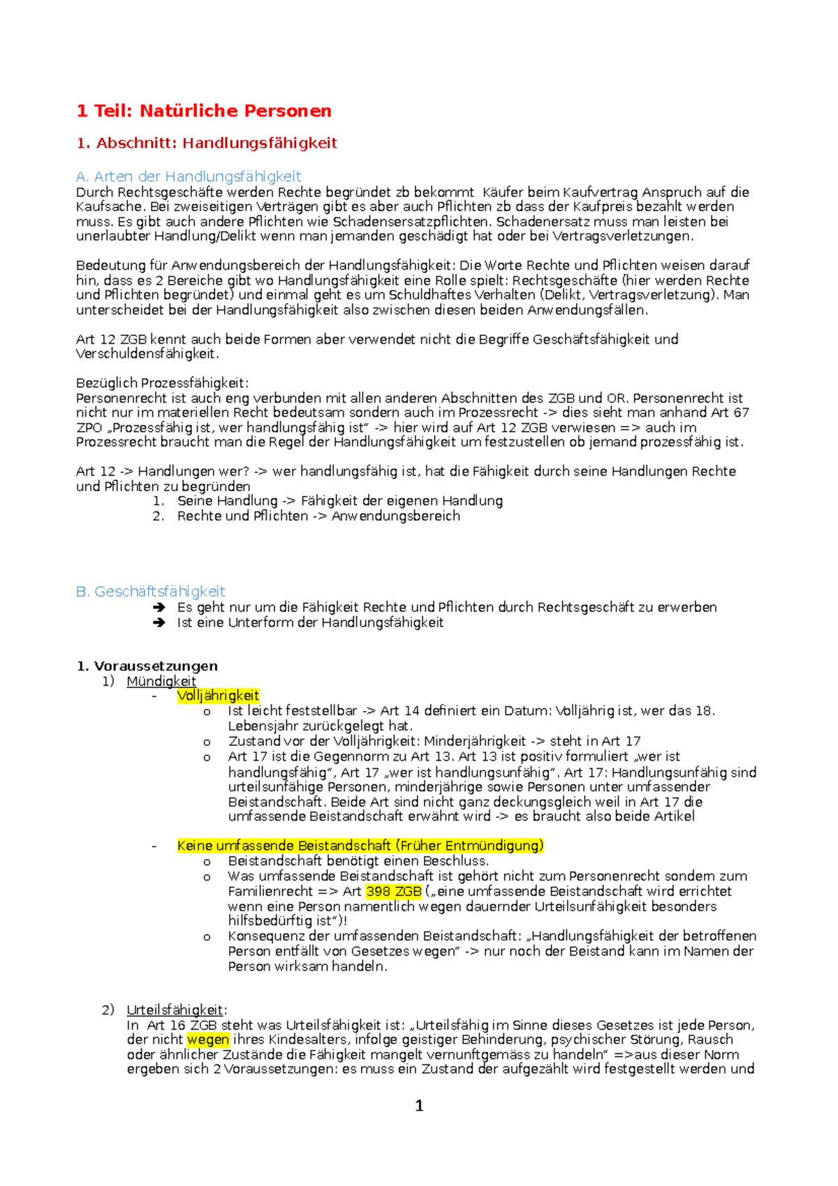 Personenrecht Vorlesungen - 1 Teil: Natürliche Personen 1. Abschnitt ...