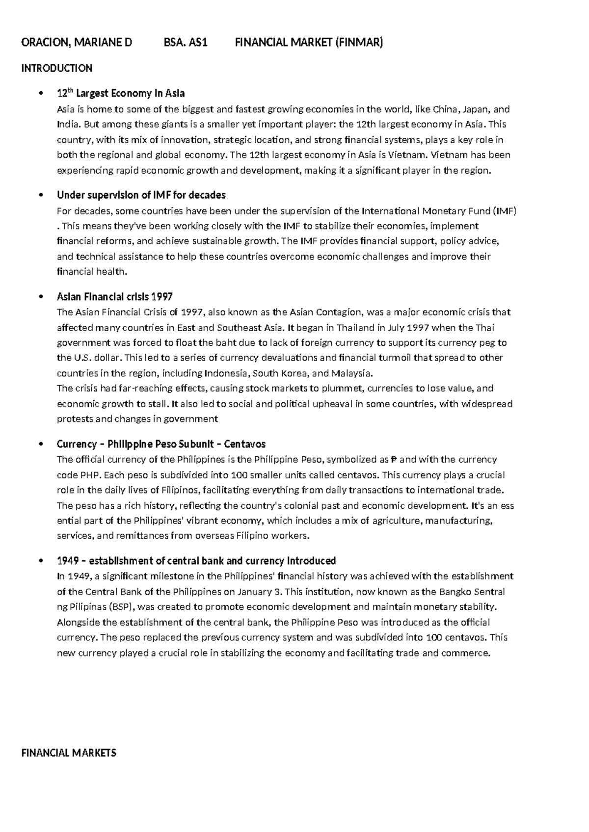 Summary Financial Marketing - ORACION, MARIANE D BSA. AS1 FINANCIAL ...