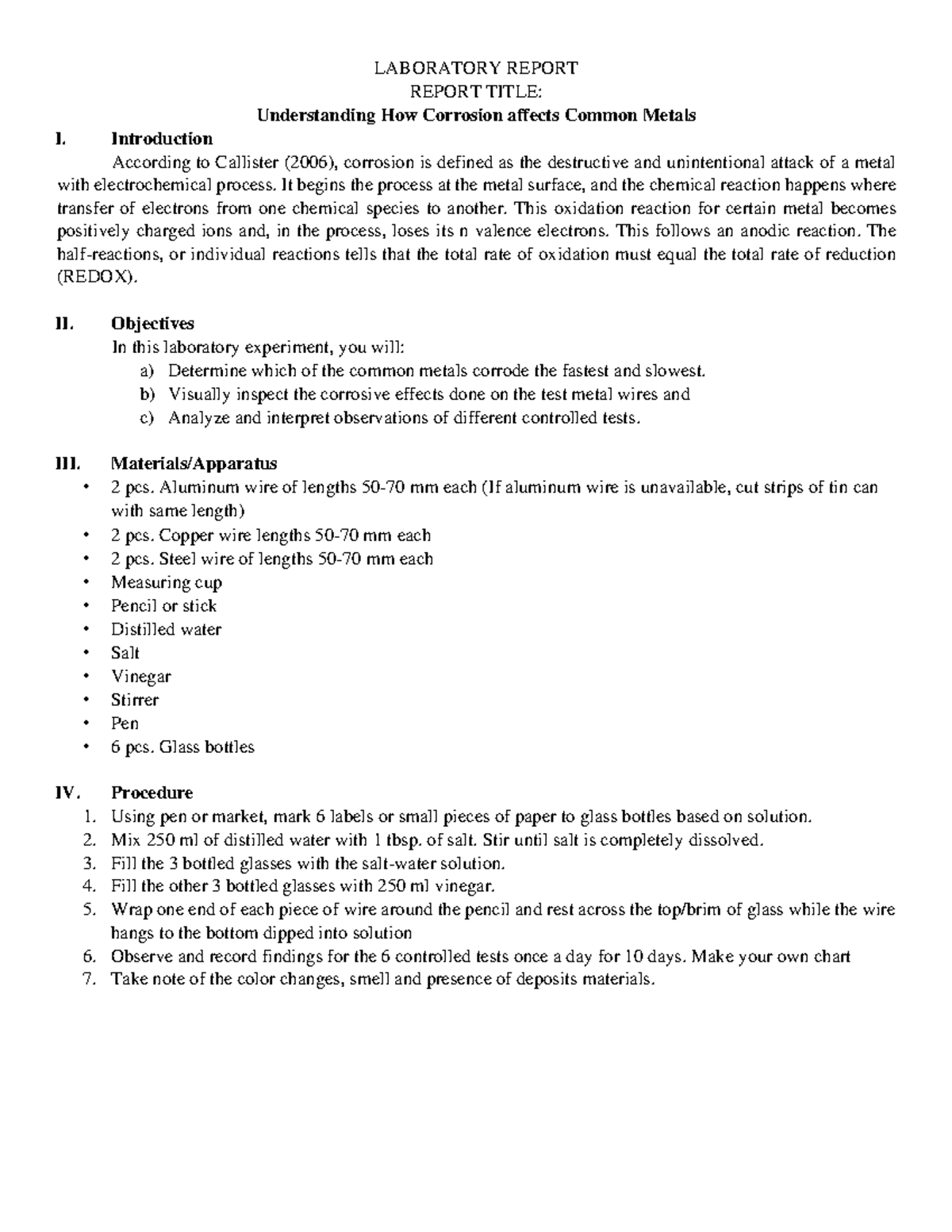 Laboratory Report - Understanding How Corrosion affects Common Metals ...