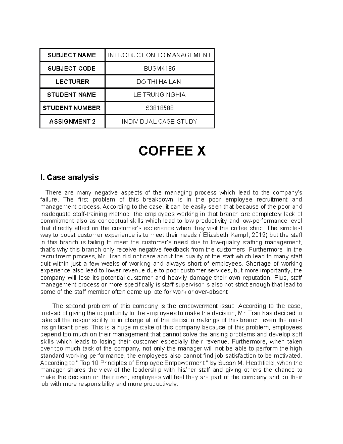 ITM case study - HD paper - SUBJECT NAME INTRODUCTION TO MANAGEMENT SUBJECT CODE BUSM LECTURER ...