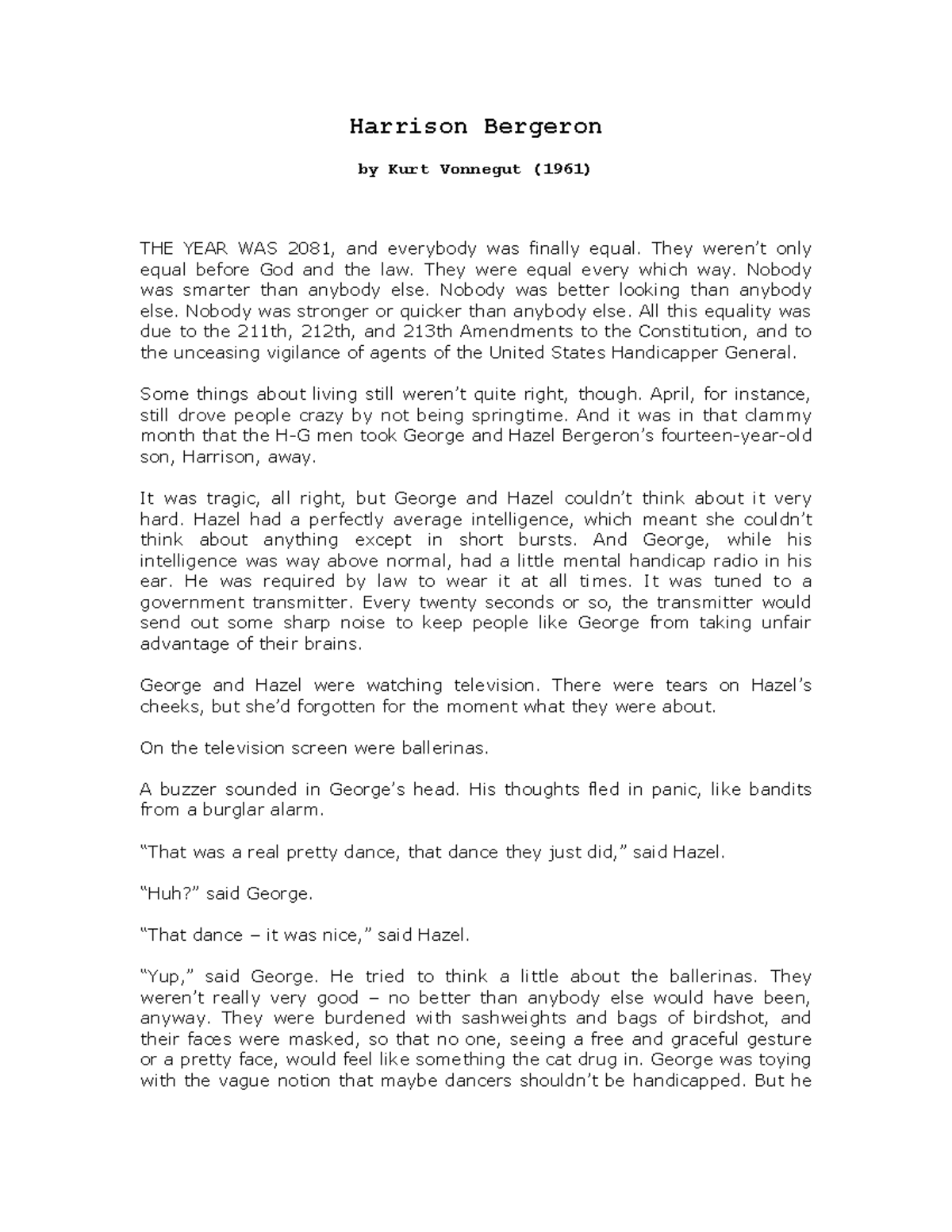 Harrison Bergeron by Kurt Vonnegut PDF - Harrison Bergeron by Kurt ...