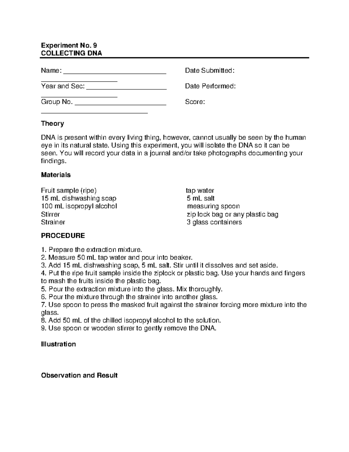 Experiment 11 Collecting DNA samples - Experiment No. 9 COLLECTING DNA ...