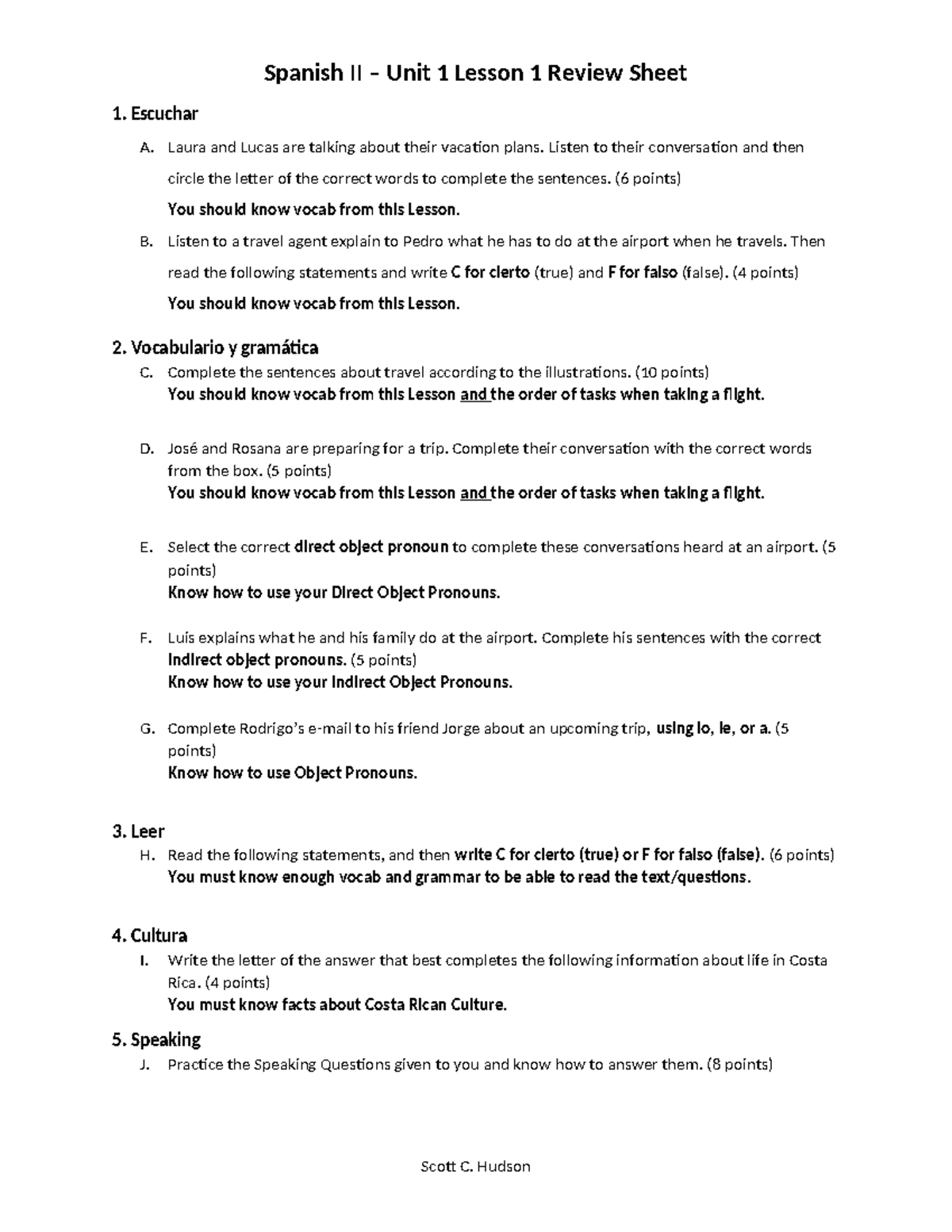 Span ii - unit 1 lesson 1 review sheet - Spanish II – Unit 1 Lesson 1 ...