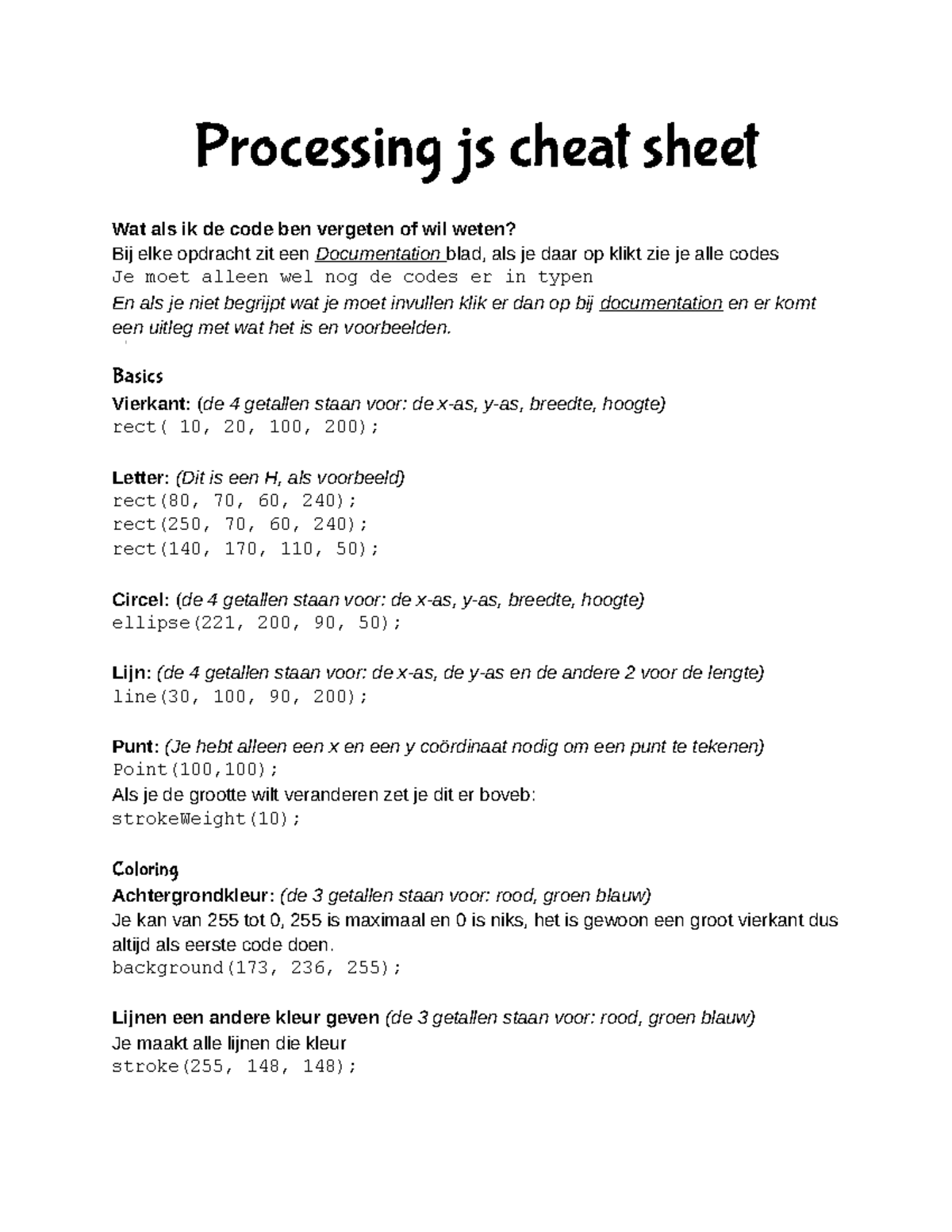 Processing js cheat sheet - Basics Vierkant: ( de 4 getallen staan voor ...