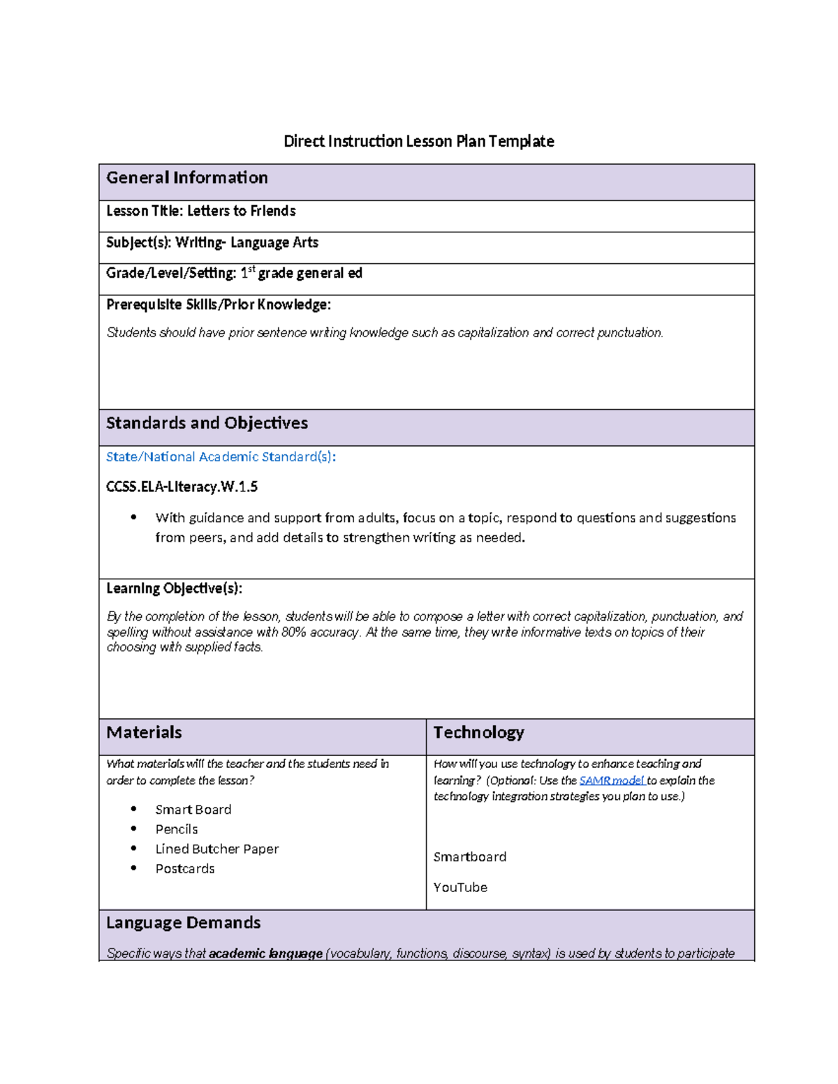 Lesson plan LSM3 Language Arts Instruction and Intervention - Direct ...