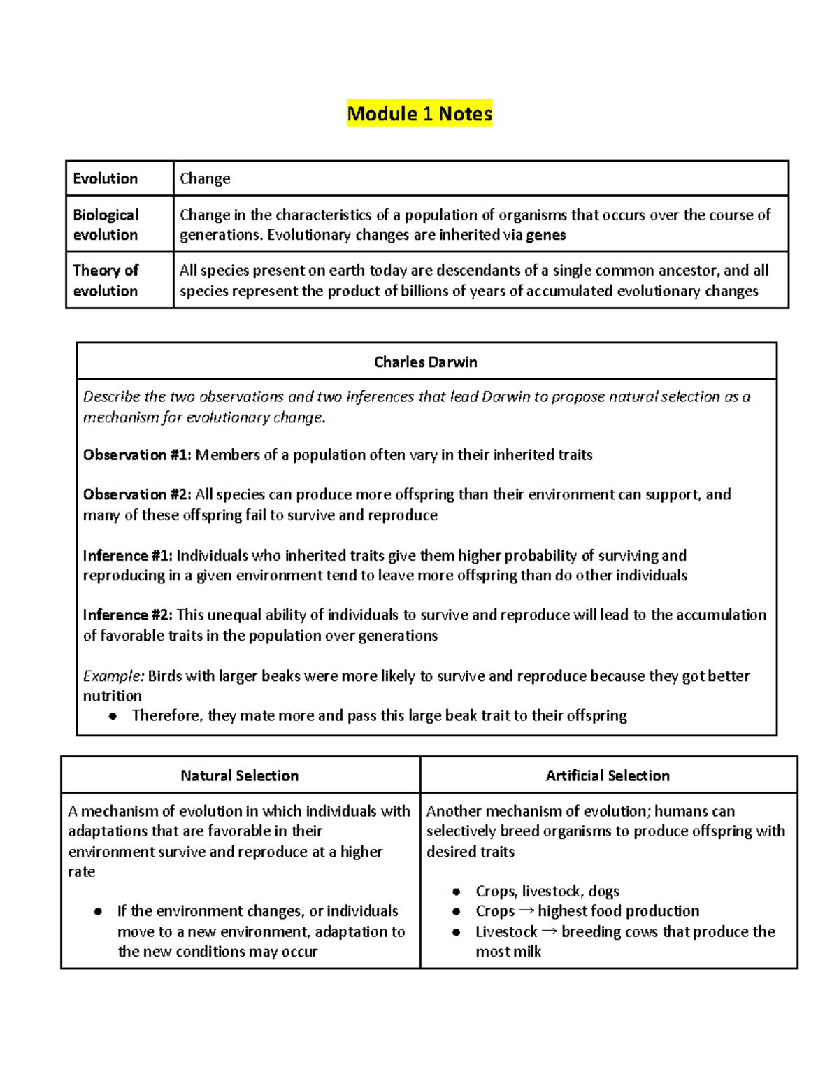 Module 1 Notes - Module 1 Notes Evolution Change Biological evolution ...