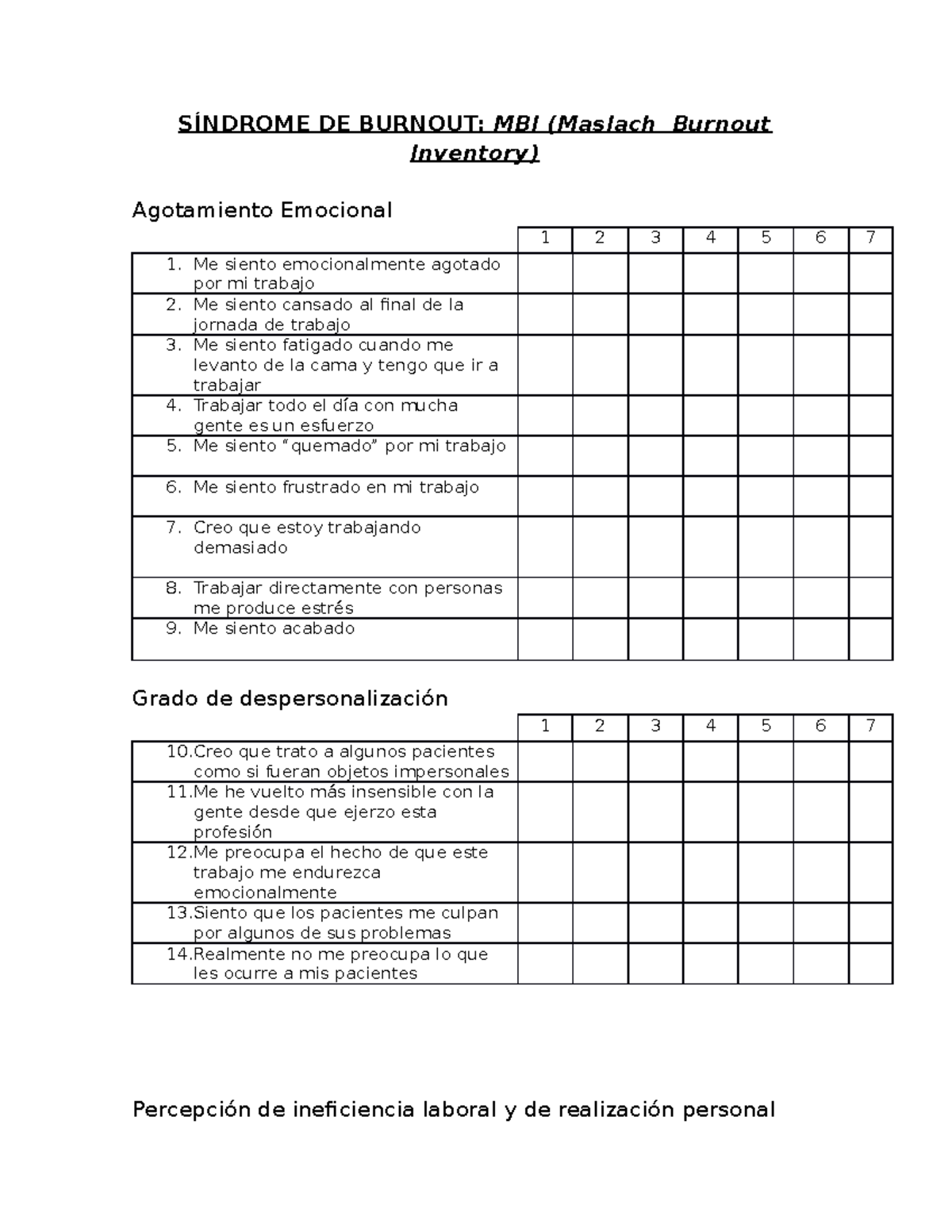 Agotamiento Emocional test MBI 1 - SÍNDROME DE BURNOUT: MBI (Maslach ...