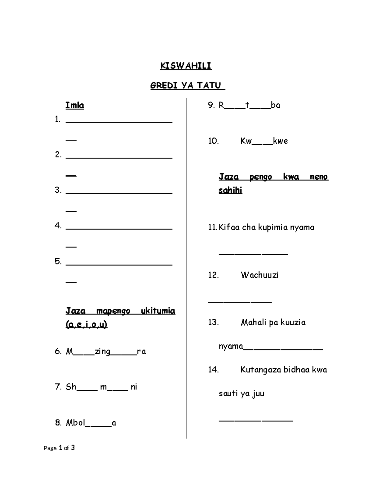 Grade 3 Kiswahili Teacher - KISWAHILI GREDI YA TATU Imla 1 ...