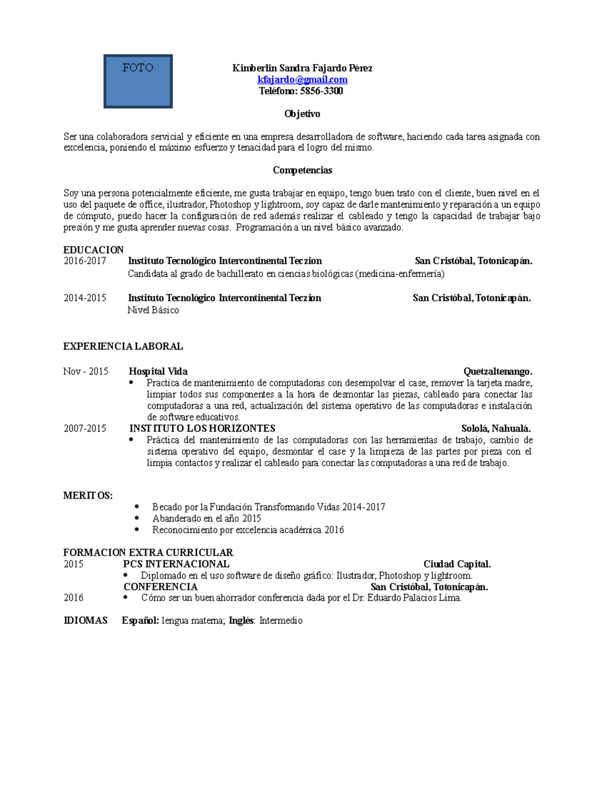 Modelo Curriculum Vitae - Kimberlin Sandra Fajardo Pérez kfajardo@gmail ...