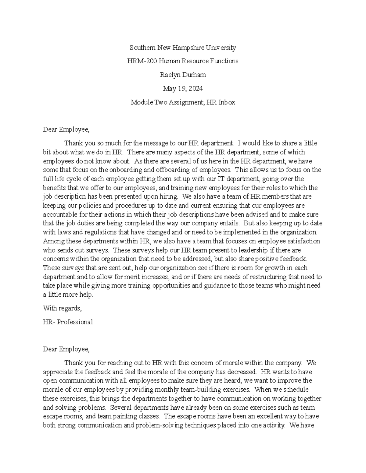 Module 2 HR inbox assignment - Southern New Hampshire University HRM-200 Human Resource ...