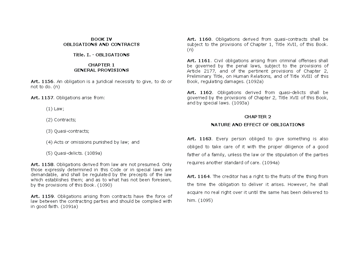 BOOK IV - Codal Chap 1 and 2 - BOOK IV OBLIGATIONS AND CONTRACTS Title ...