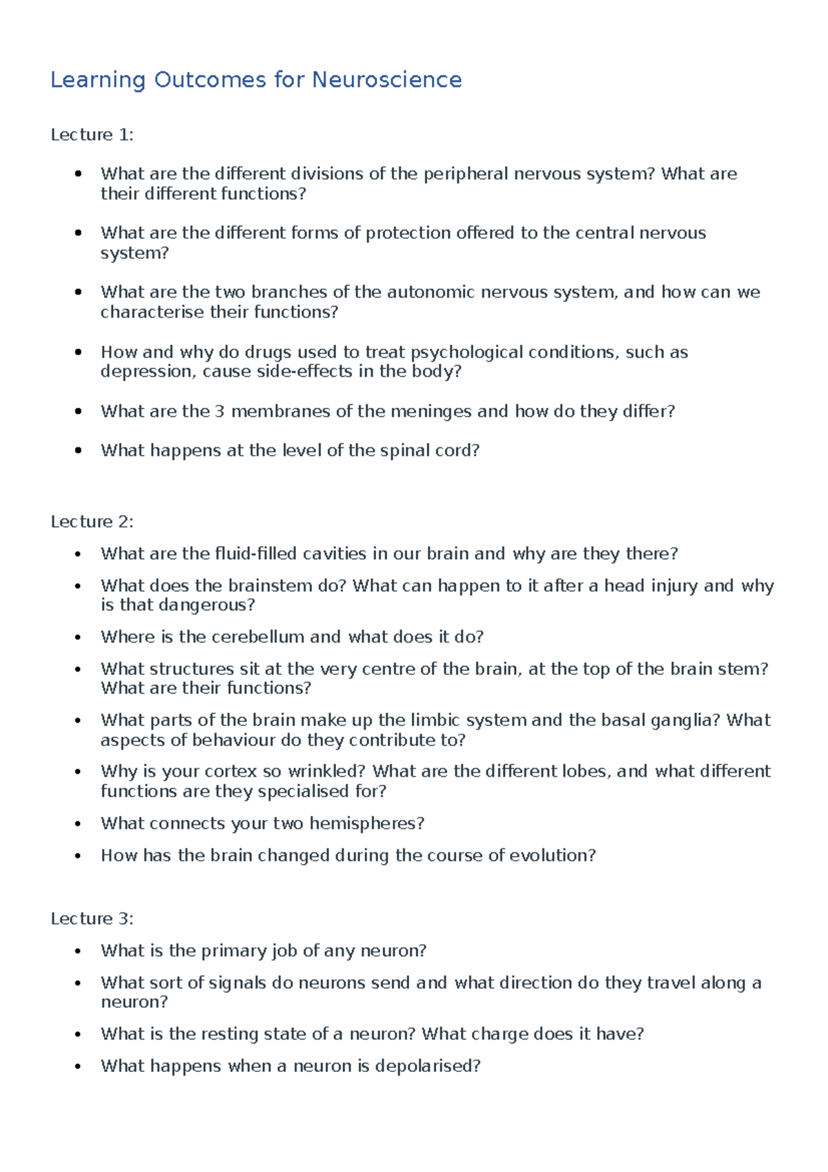 Learning Outcomes for Neuroscience - Learning Outcomes for Neuroscience Lecture 1: What are the ...