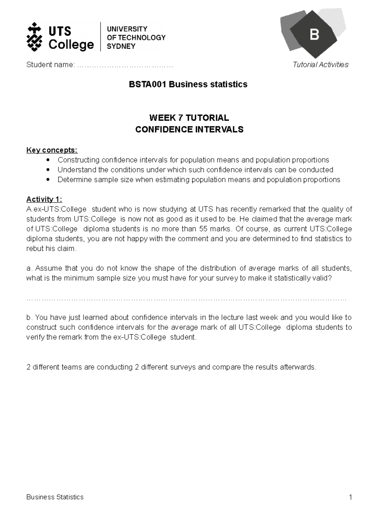 1Week 7 Tutorial workbook - BSTA001 Business statistics WEEK 7 TUTORIAL ...