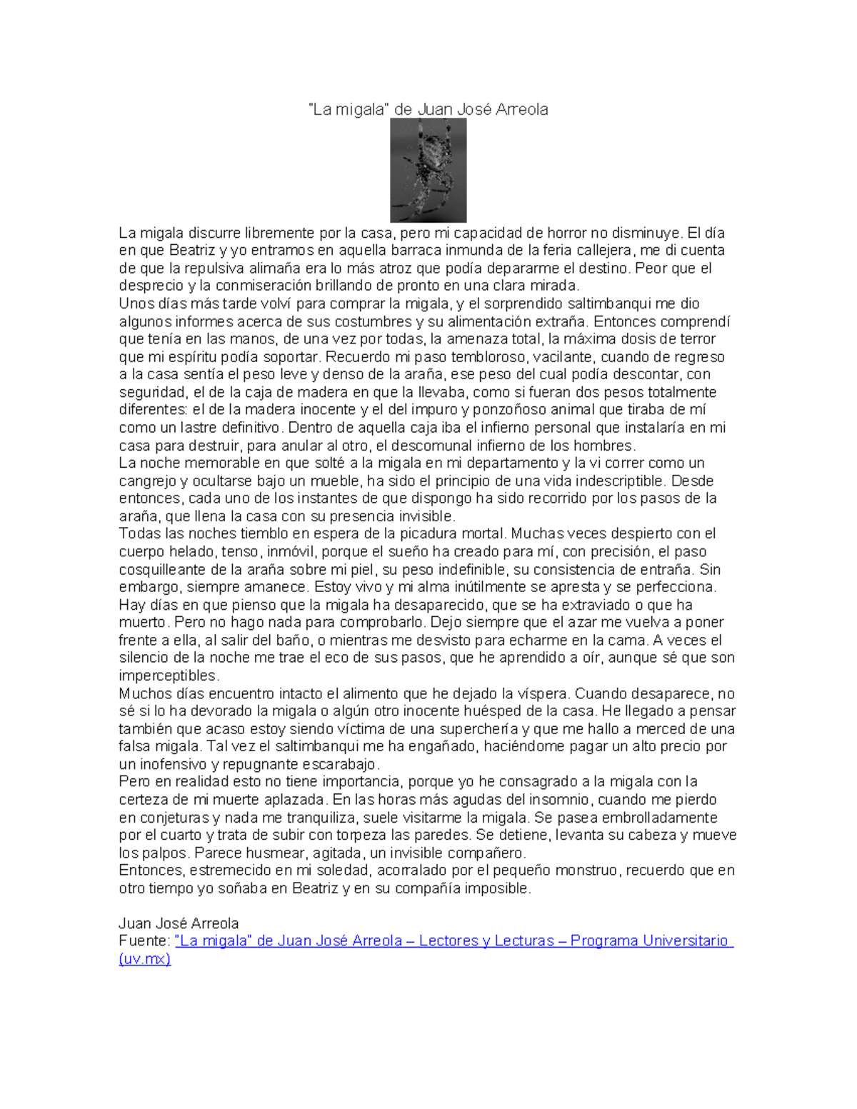 La migala - “La migala” de Juan José Arreola La migala discurre ...