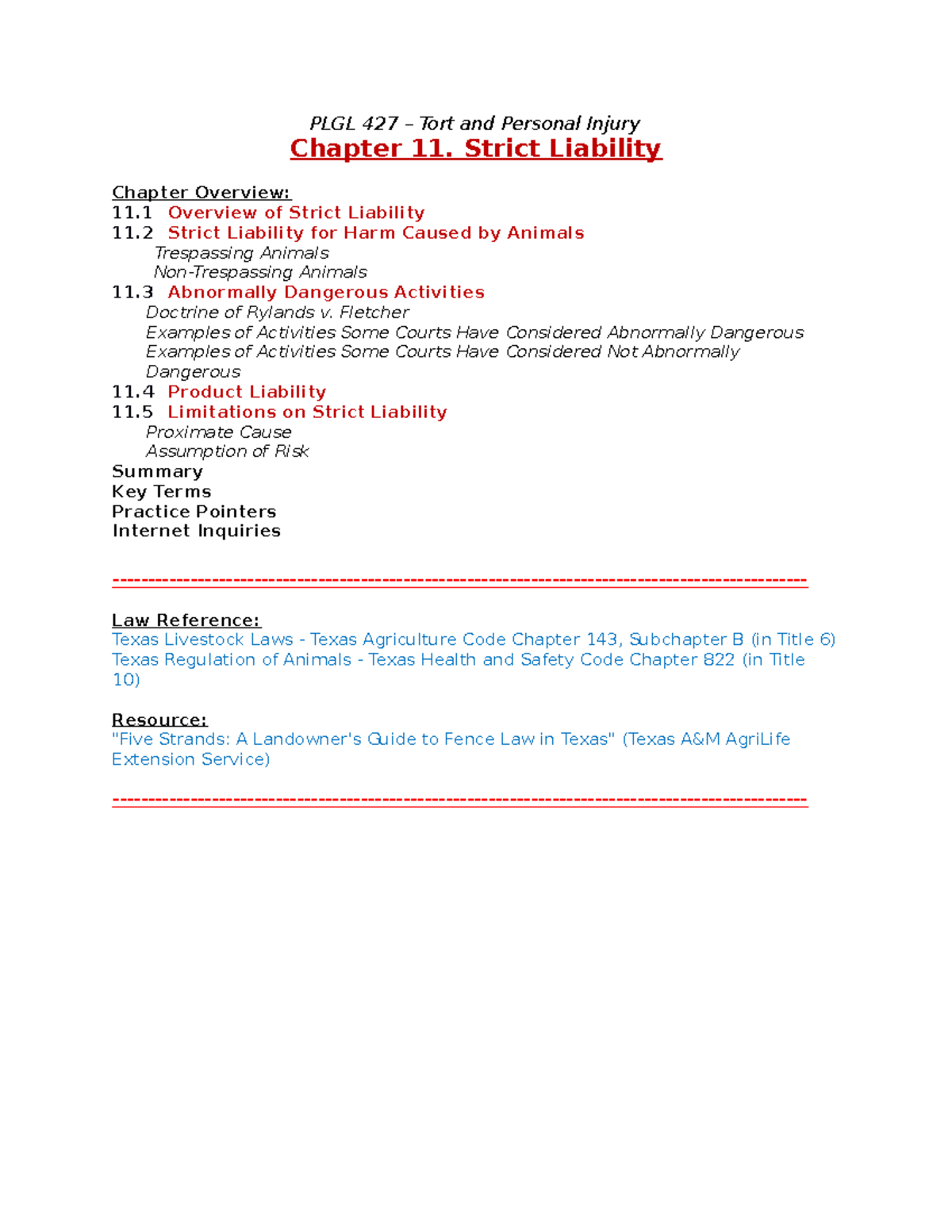 PLGL 427 - Chapter 11. Strict Liability - PLGL 427 – Tort and Personal ...