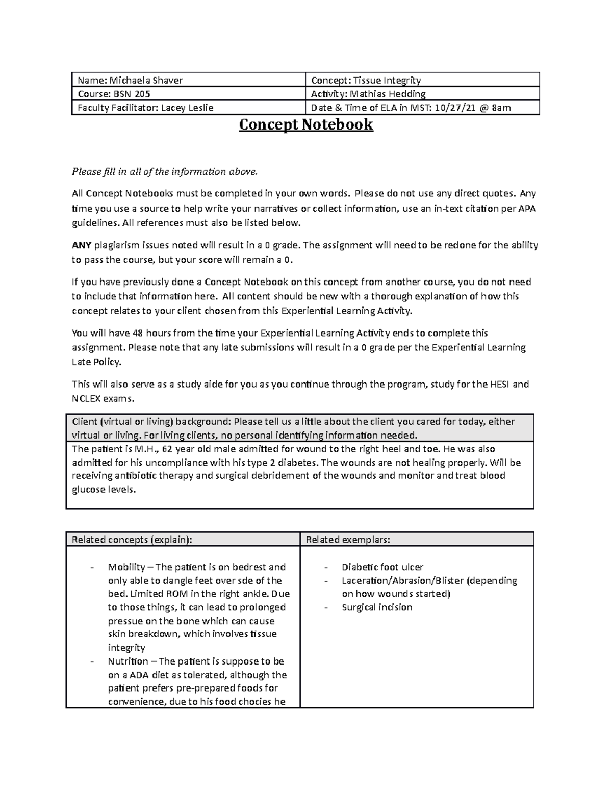 Concept Notebook Template Tissue Integrity - Name: Michaela Shaver ...