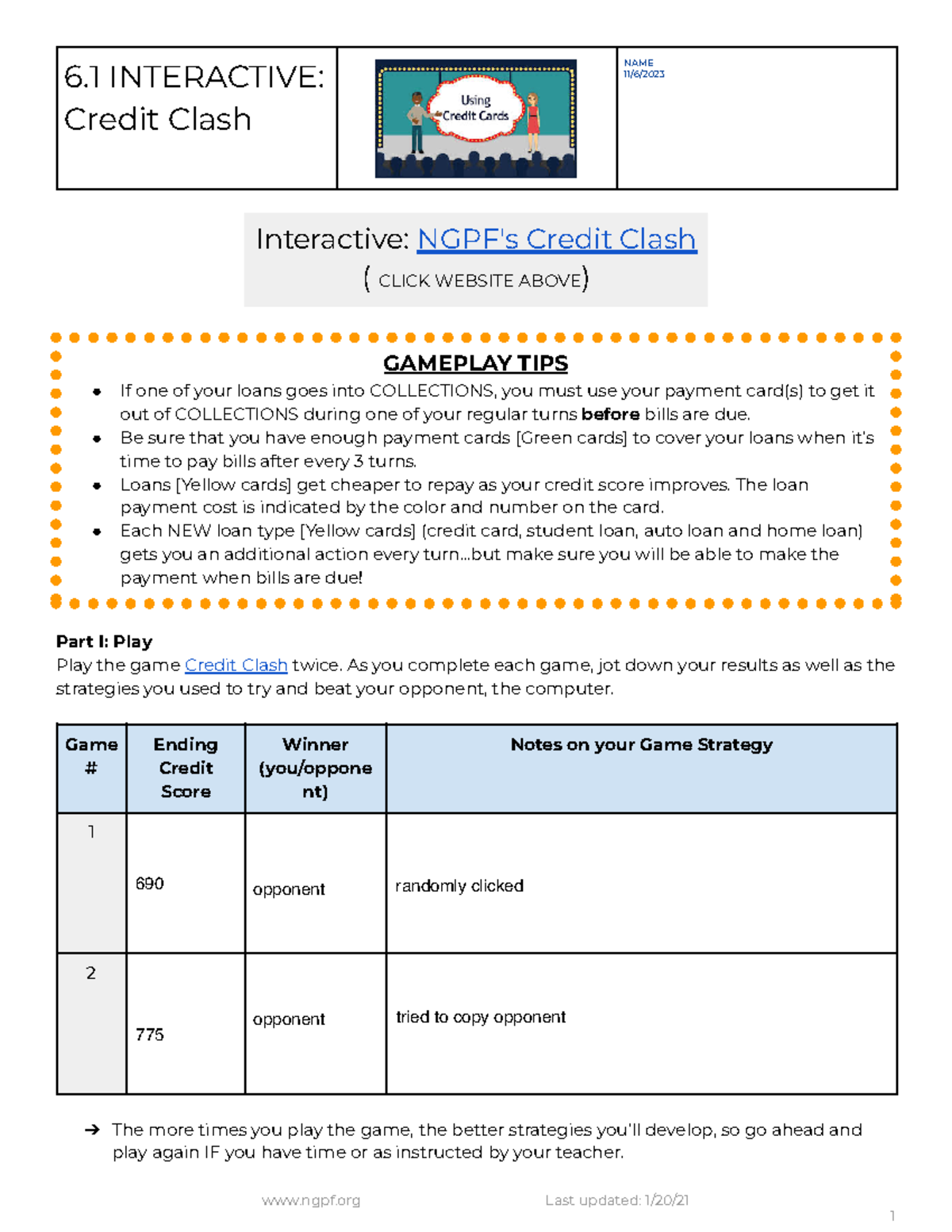 - 6.1 Interactive: Credit Clash - 6 INTERACTIVE: Credit Clash NAME 11/6 ...
