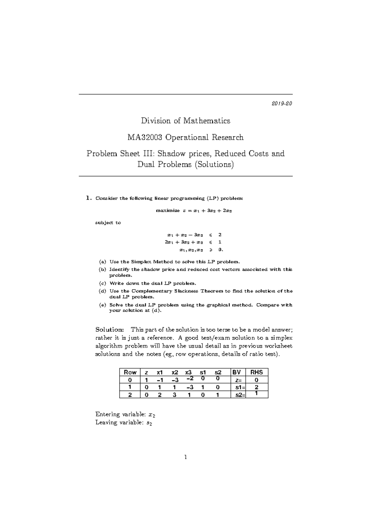 Worksheet 3 - 2019- Division of Mathematics MA32003 Operational ...