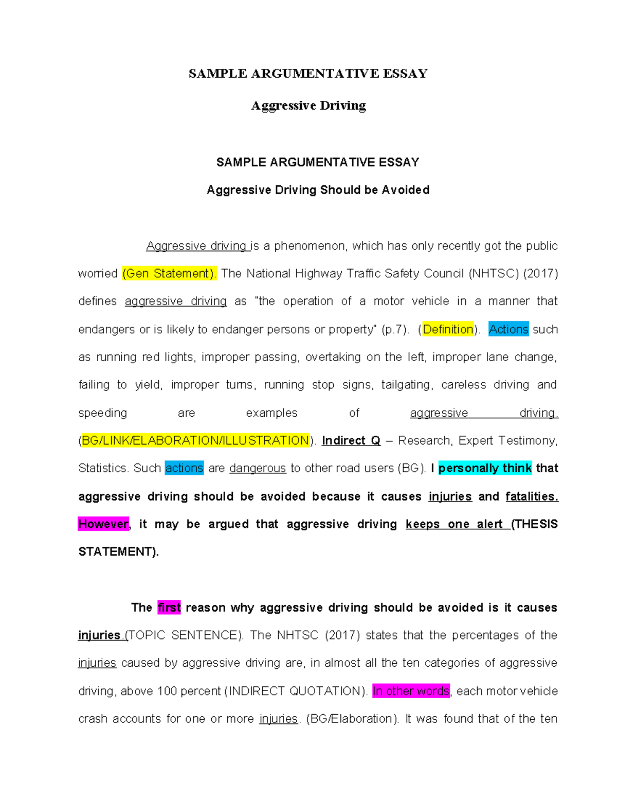 Sample Argumentative Essay - Aggressive Driving SAMPLE ARGUMENTATIVE ...