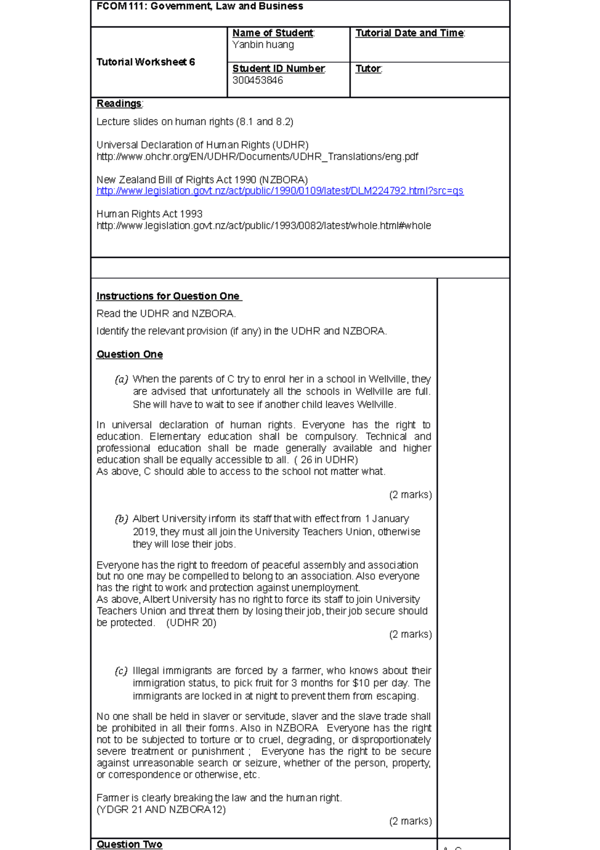 FCOM 111 Worksheet 6 - FCOM 111: Government, Law and Business Tutorial ...
