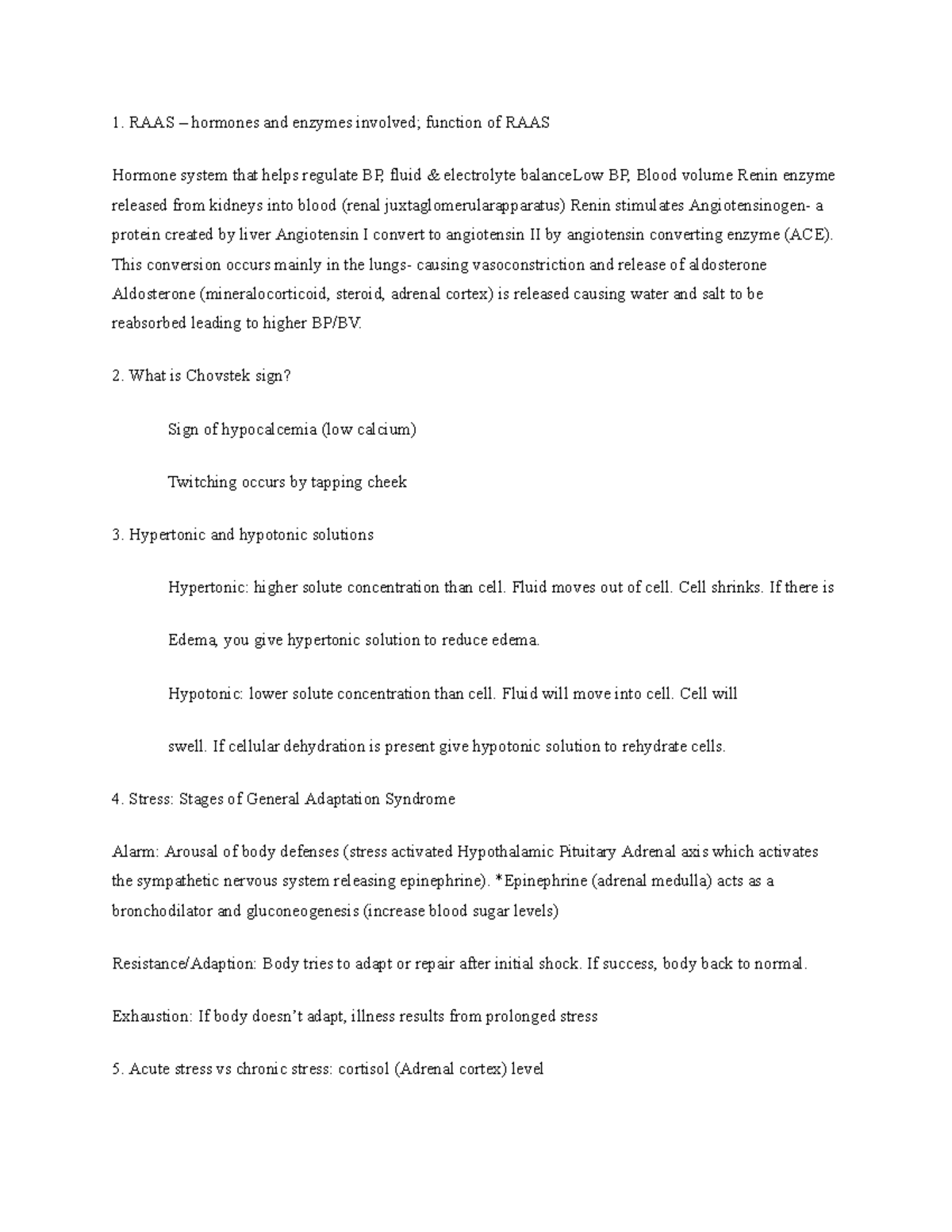 Patho Exam Study Guide - RAAS – hormones and enzymes involved; function ...