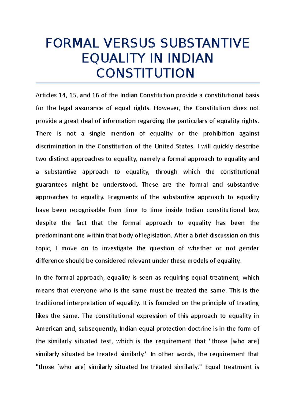 Formal Versus Substantive Equality IN Indian Constitution - FORMAL ...