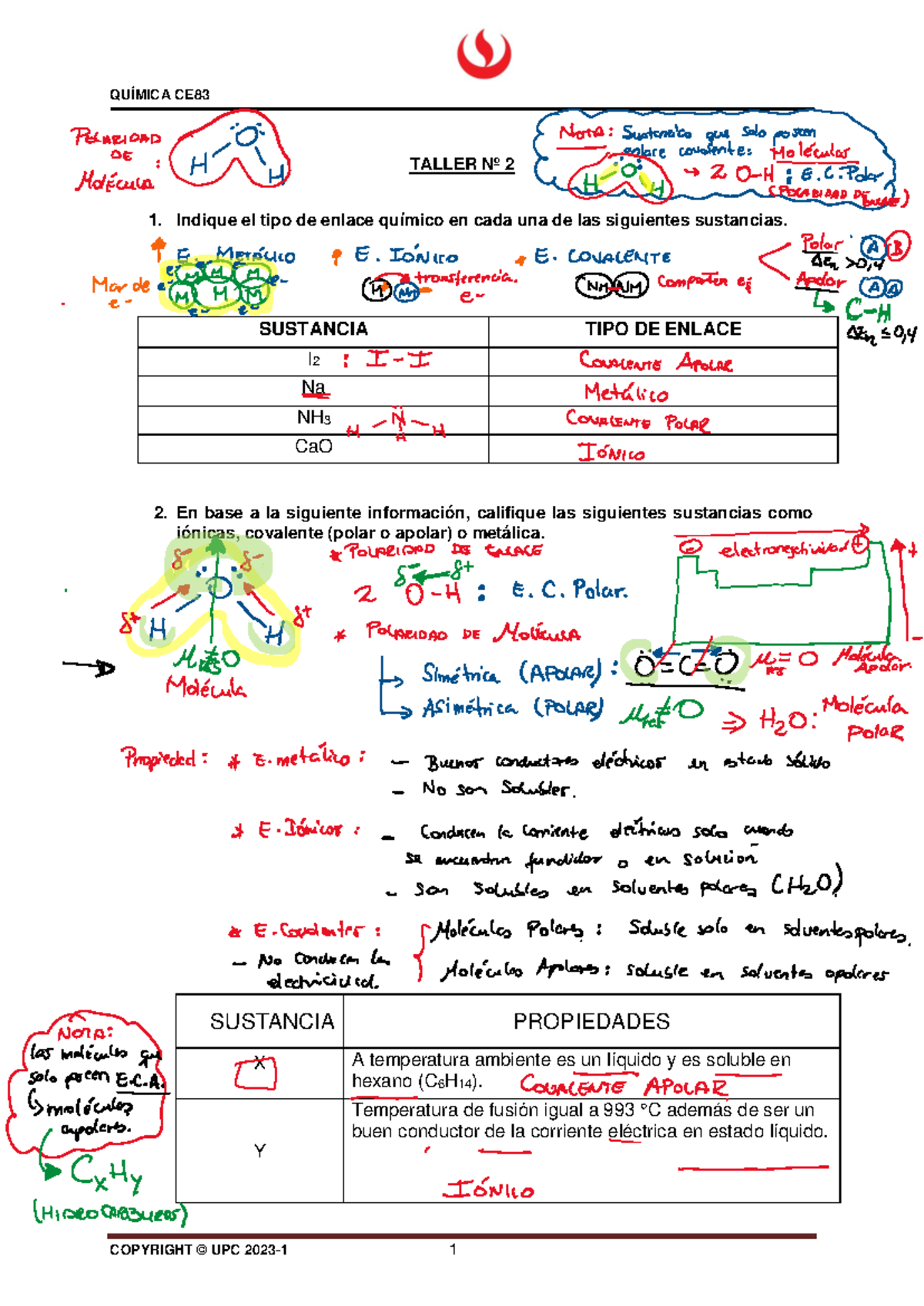 CE83 Taller 2 Química Resuelto - TALLER Nº 2 1. Indique el tipo de enlace químico en cada una de ...