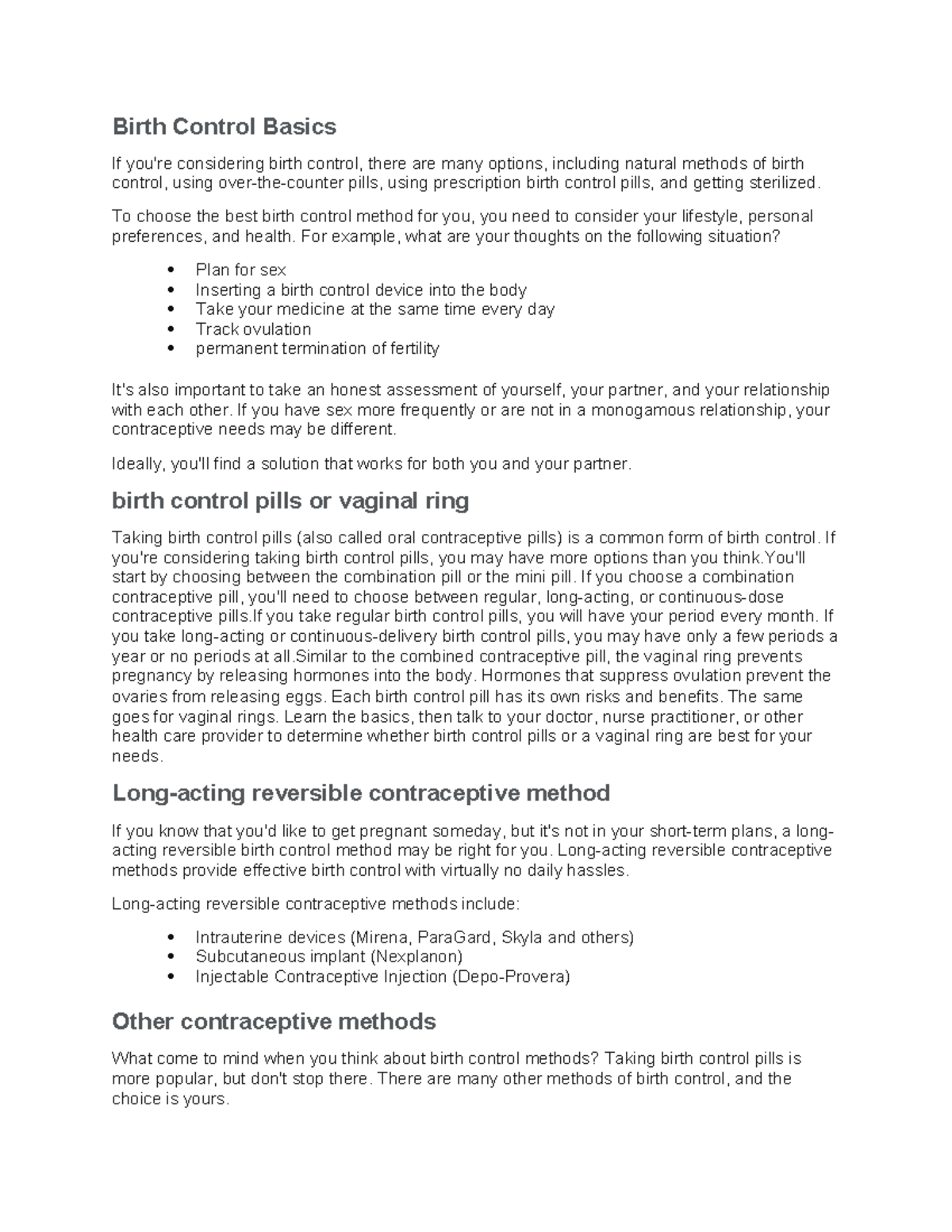 Birth Control Basics - To choose the best birth control method for you ...