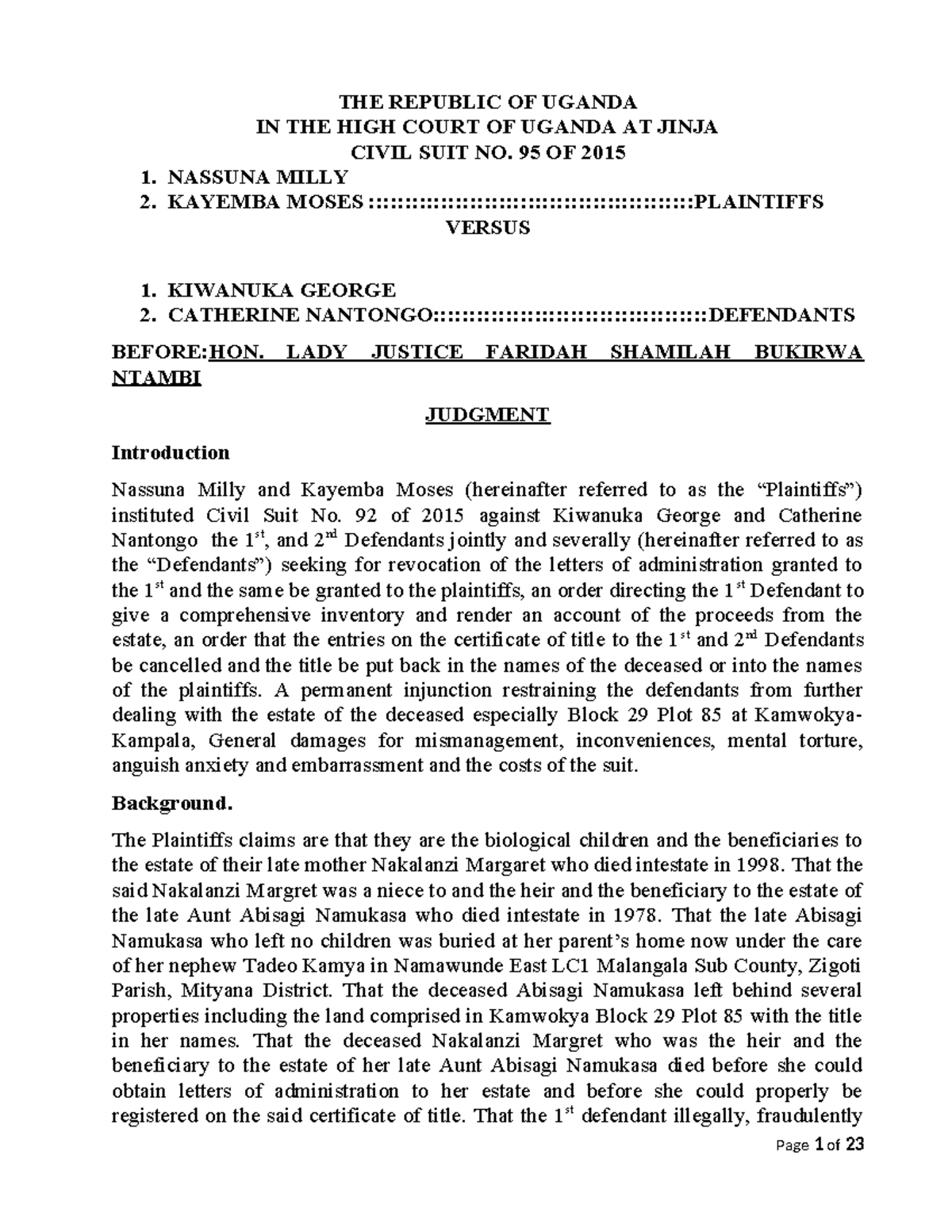 Nassuna Another v Kiwanuka Another (Civil Suit 95 of 2015 ) 2024 UGHC ...