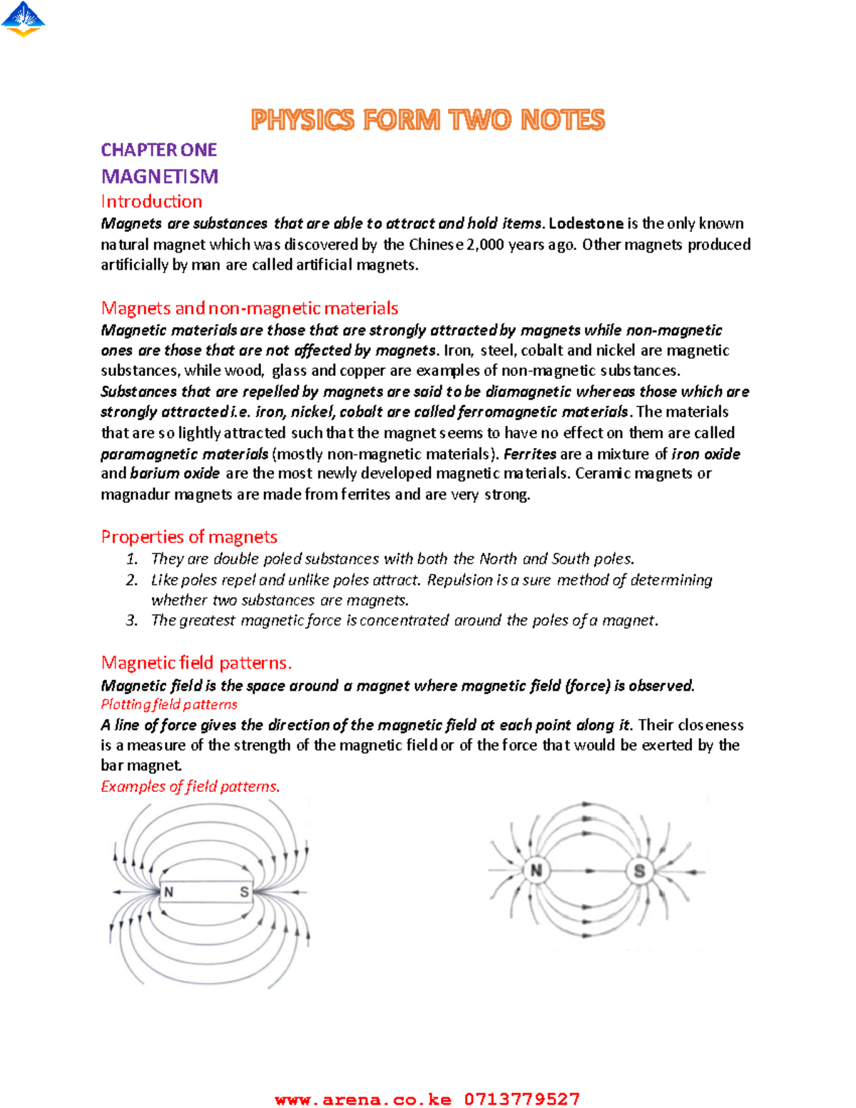 Physics form 2 notes - Best - CHAPTER ONE MAGNETISM Introduction ...