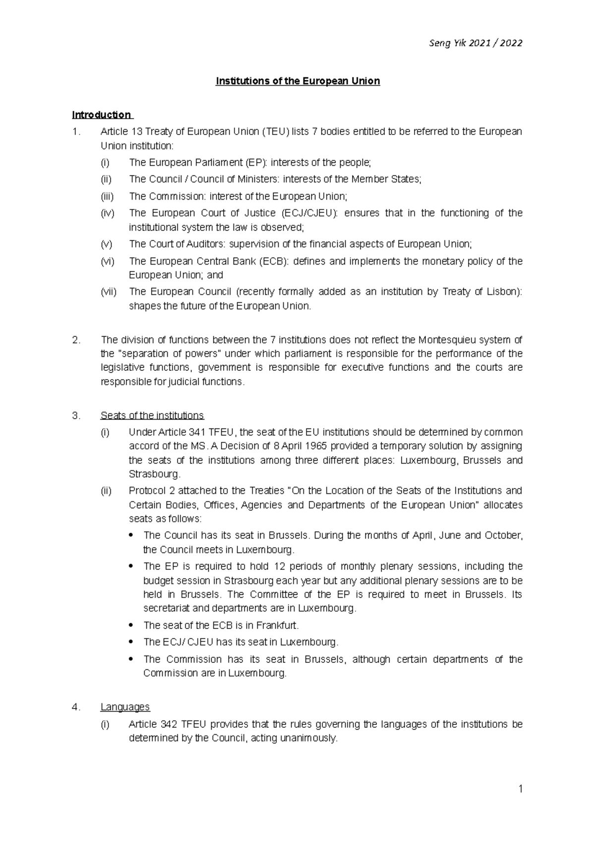 Institutions of the European Union Notes - Institutions of the European ...