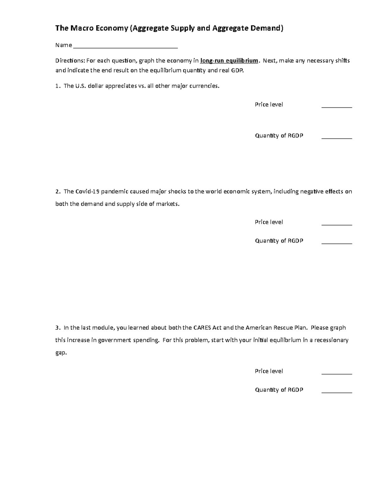 AD-AS Graphing Homework - The Macro Economy (Aggregate Supply and ...