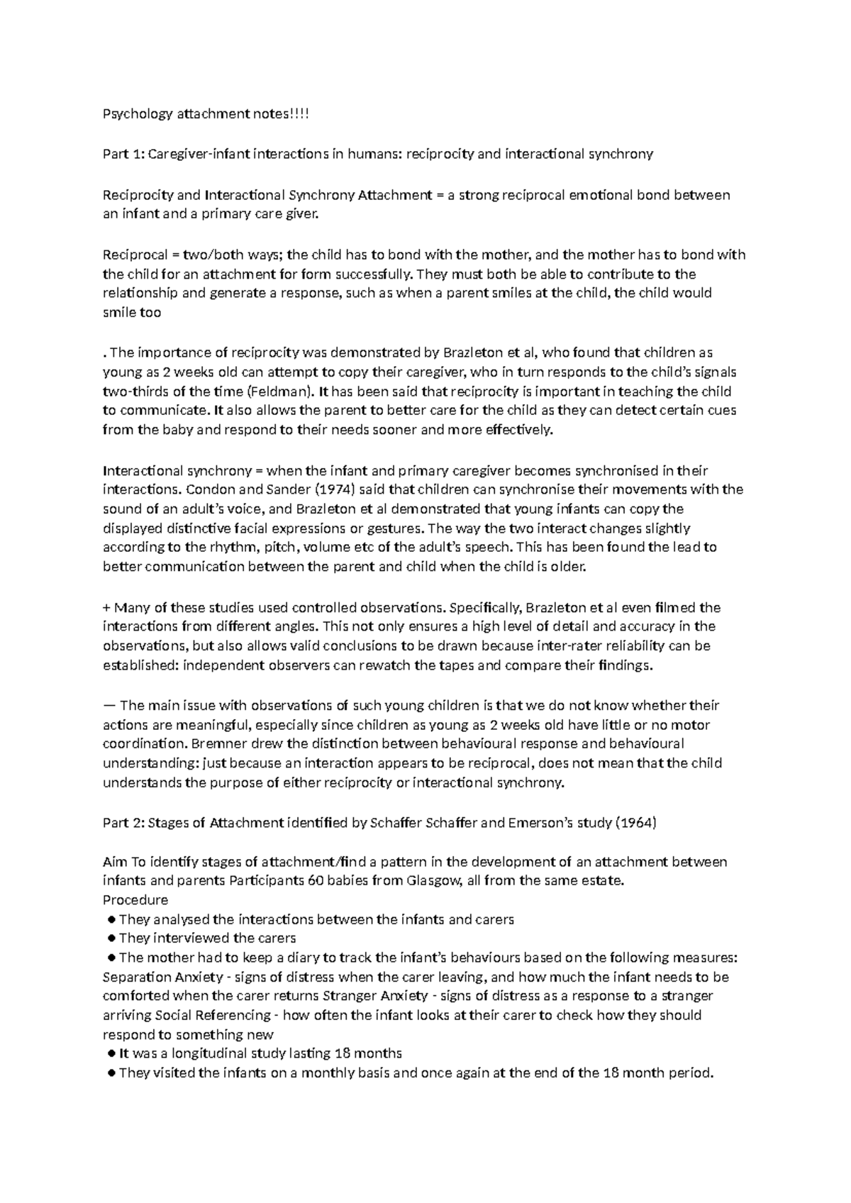 Psychology - attachment notes - Psychology attachment notes!!!! Part 1 ...