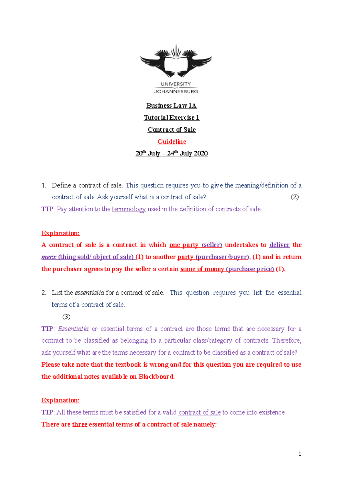 Contract OF SALE Guideline - Business Law 1A Tutorial Exercise 1 ...