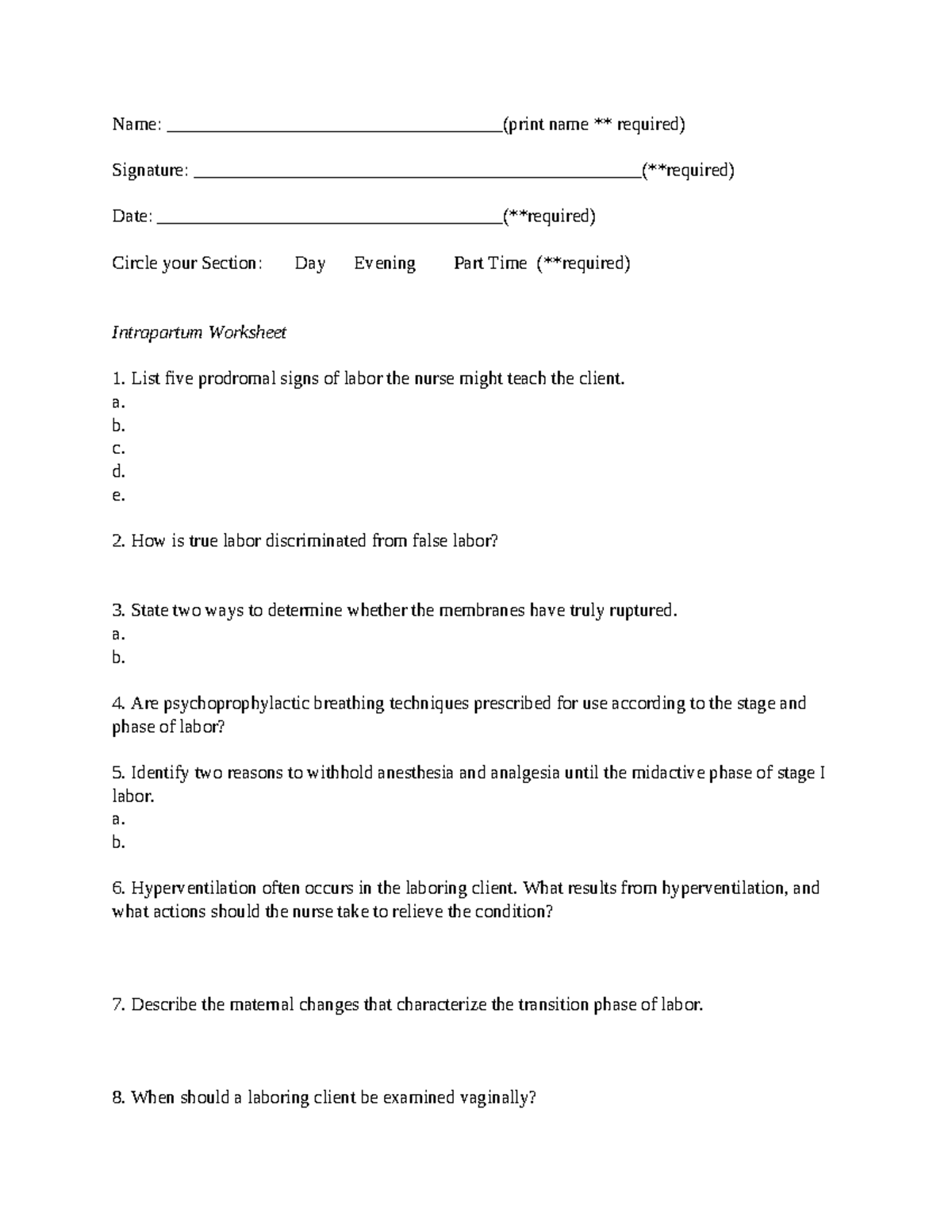 Intrapartum Worksheet - Name ...