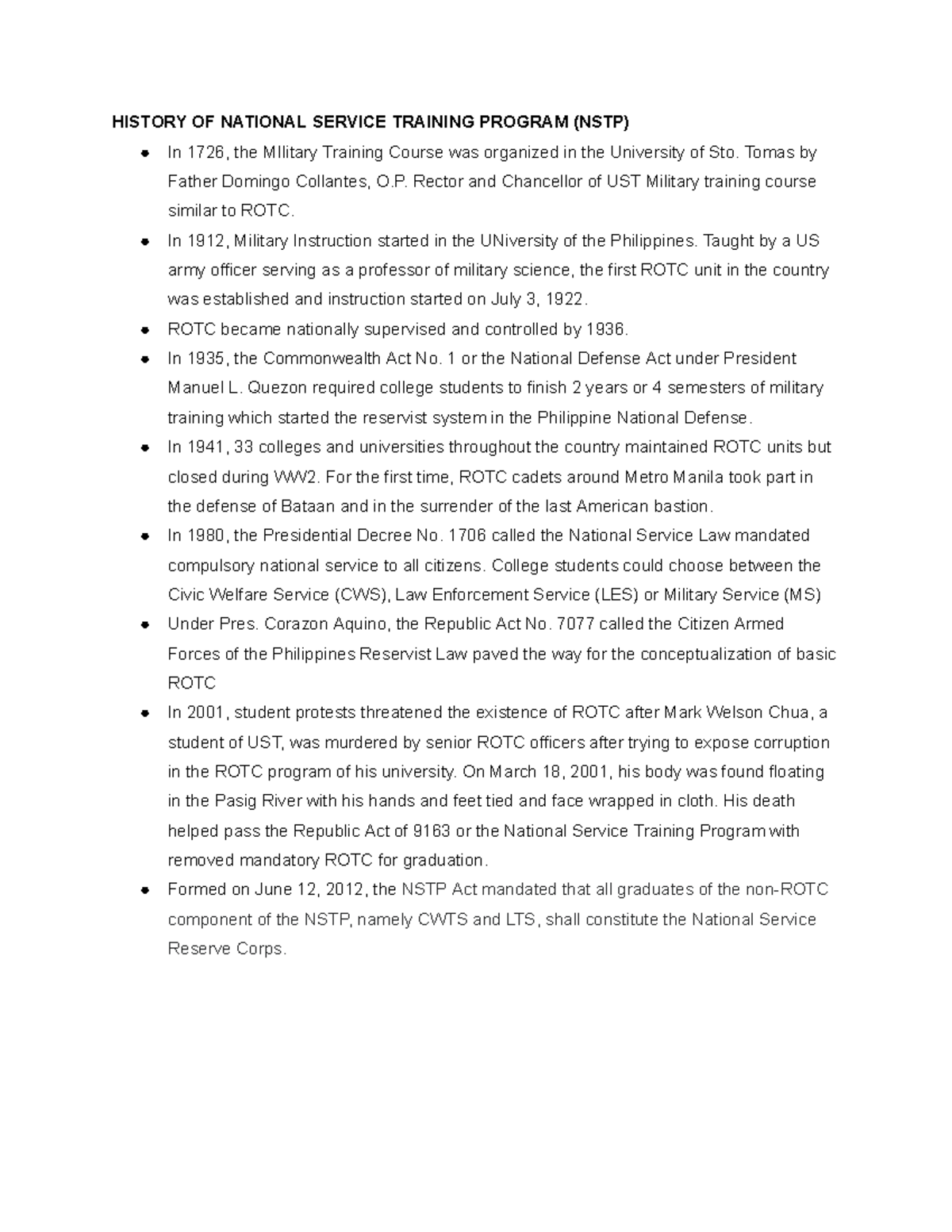 NSTP (midterm notes) - HISTORY OF NATIONAL SERVICE TRAINING PROGRAM ...