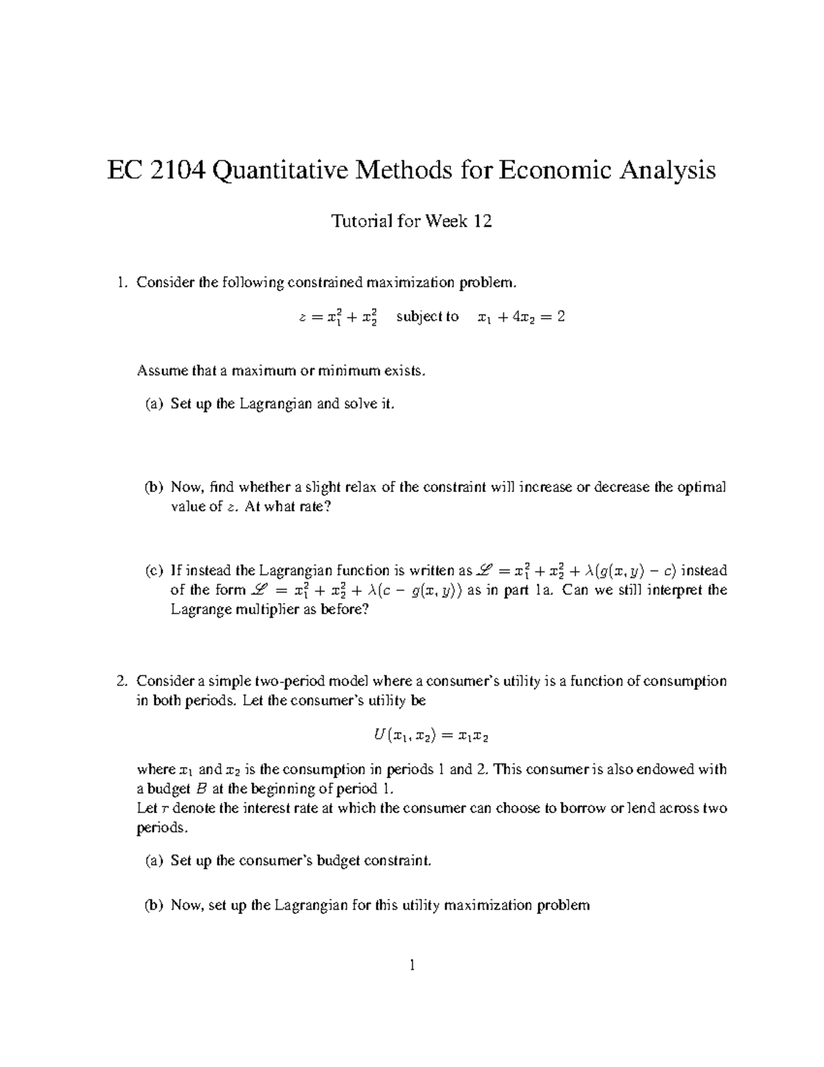 Tutorial Week12 question - EC 2104 Quantitative Methods for Economic Analysis Tutorial for Week ...