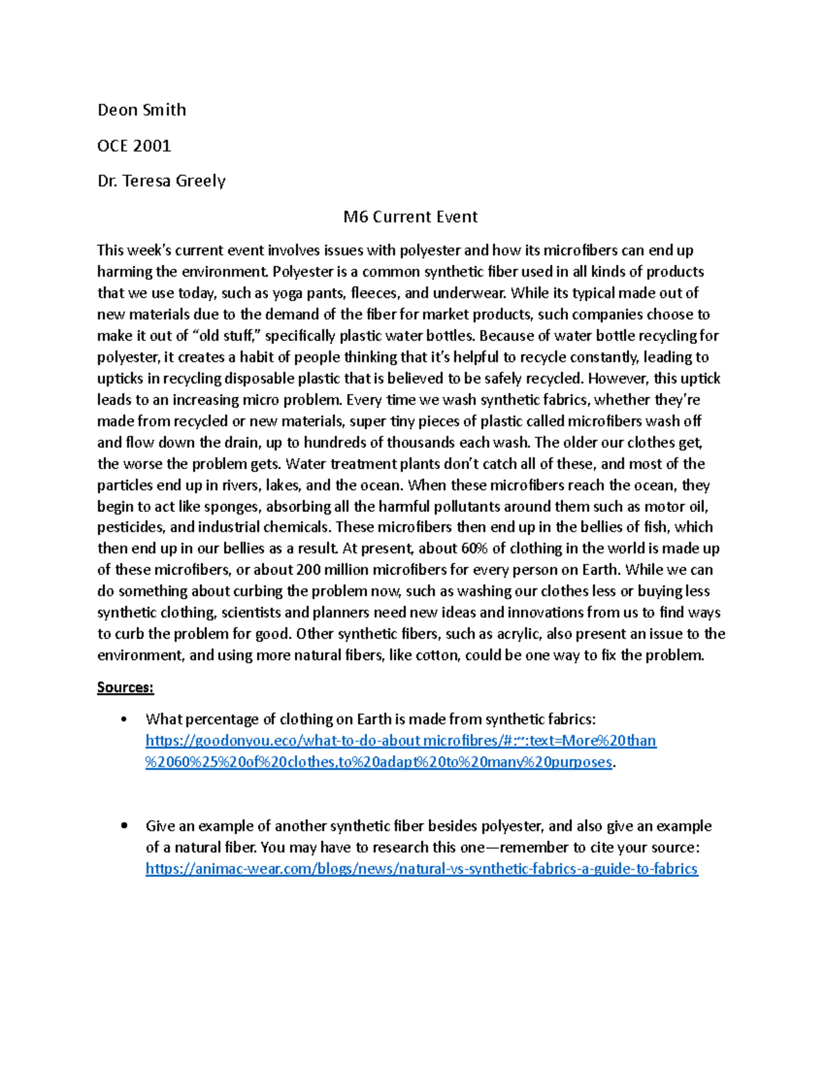 M6 Current Event - Deon Smith OCE 2001 Dr. Teresa Greely M6 Current ...