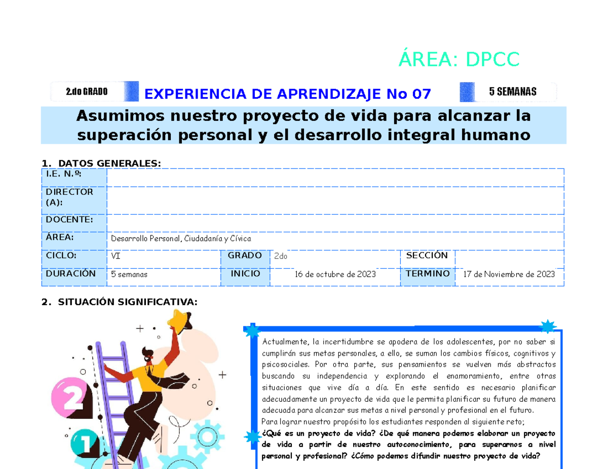 2º Experiencia DE Aprendizaje EXP7 DPCC - Asumimos nuestro proyecto de vida para alcanzar la ...