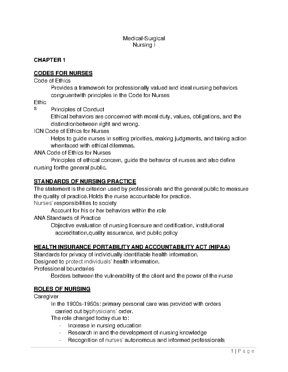 Medical Surgical Nursing I - Medical-Surgical Nursing I CHAPTER 1 CODES ...