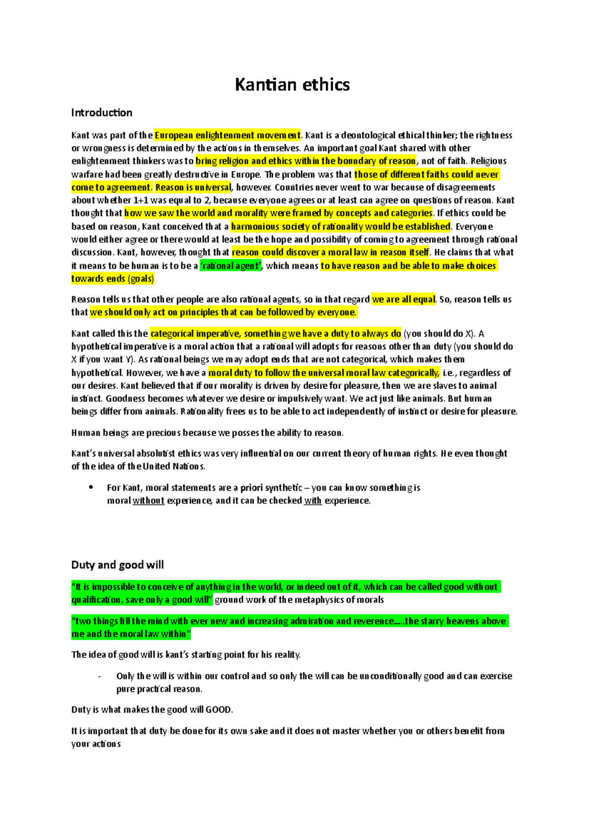 Kantian ethics notes - Kantian ethics Introduction Kant was part of the ...