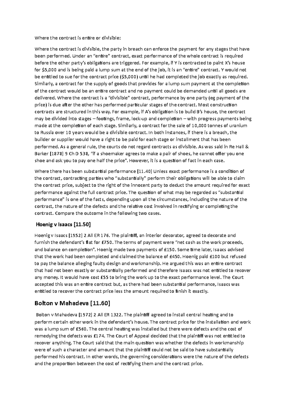 Chapter 11 - notes - Where the contract is entire or divisible: Where ...