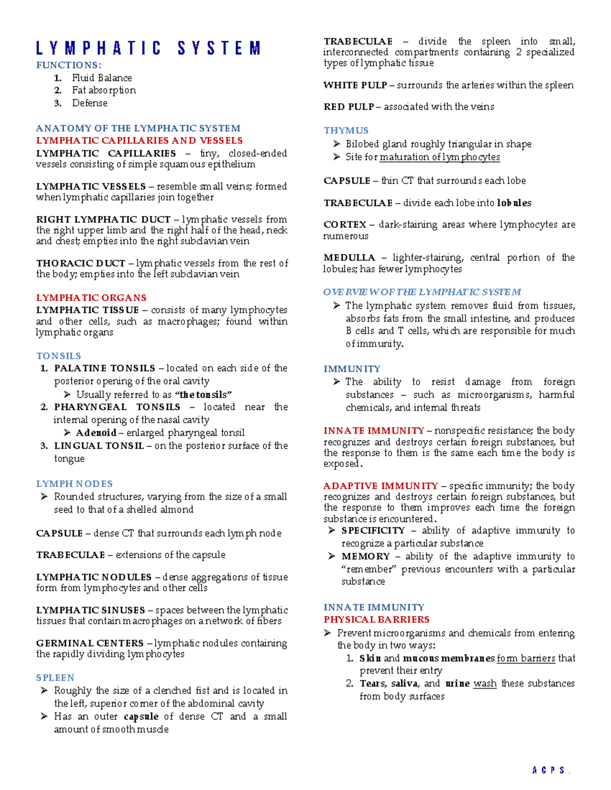 Lymphatic-System - A c p s. L Y M P H A T I C S Y S T E M FUNCTIONS ...
