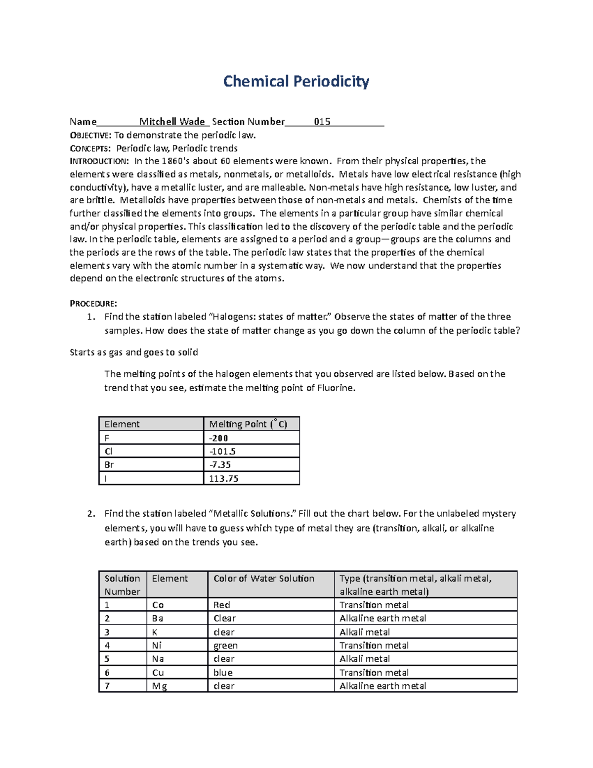 Lab assignment: Chemical Periodicity lab 4 - Chemical Periodicity Name ...