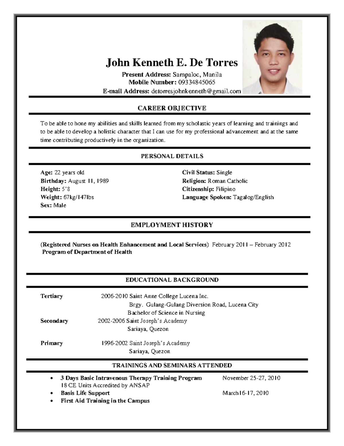 102823055 Cv Nurse ph Kenneth - John Kenneth E. De Torres Present ...