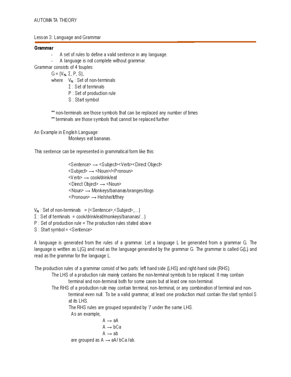 Lesson 3 - Automata Lecture Notes - Lesson 3: Language and Grammar ...