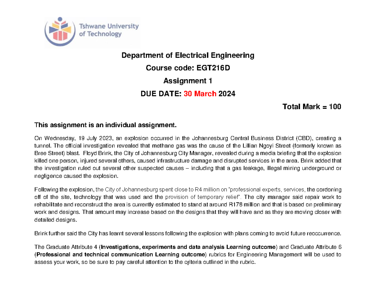 Final EGT216D S1 Assignment 1 2024 - Department of Electrical Engineering Course code: EGT216D ...