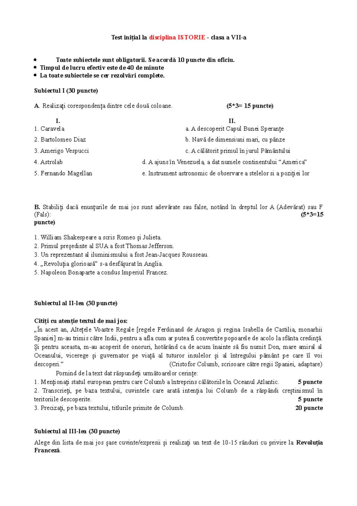 3 Istorie cls VII-a subiect - Test inițial la disciplina ISTORIE ...